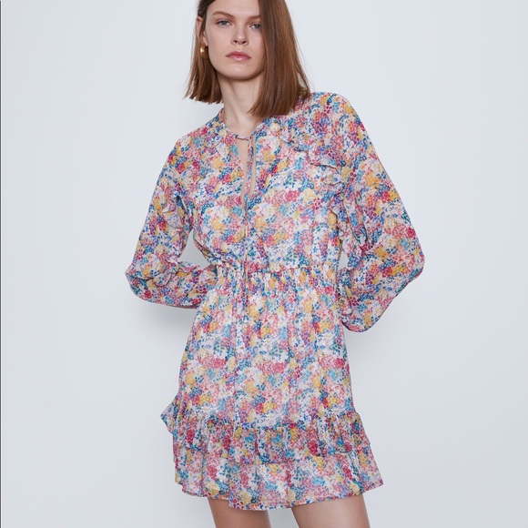Zara | Dresses | Zara Ruffled Floral Print Long Sleeve Mini Dress Size ...